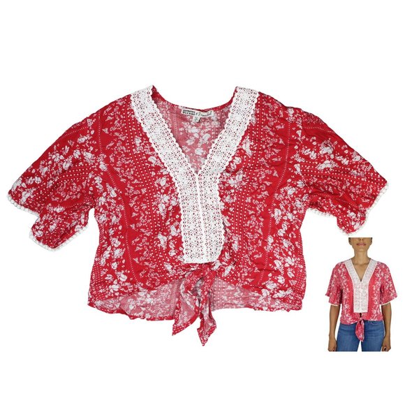 Gypsies And Moondust Tops Gypsies Moondust Lace Trim Floral Print Tie